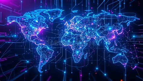 Digital World Map With Glowing Network Connections And Global Data Flow Stock Illustration