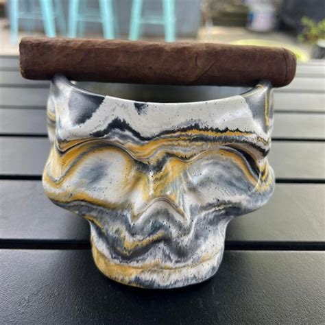 Yellow Marbled Skull Cigar Concrete Ashtray Bowl