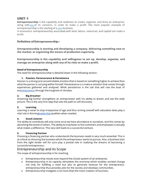 B Tech 4th Year Unit 1 Entrepreneurship Pdf Entrepreneurship Labour Economics