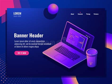 Workplace Isometric Icon With Laptop Computer And Coffee Website And Software Development