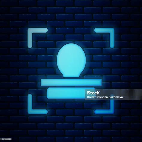 벽돌 벽 배경에 격리 빛나는 네온 얼굴 인식 아이콘입니다 얼굴 식별 스캐너 아이콘입니다 얼굴 Id 사이버 보안 개념 벡터