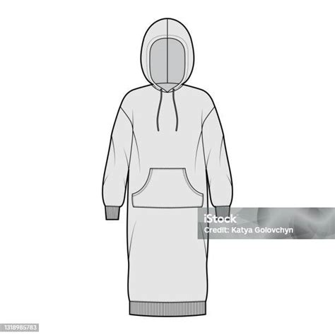 드레스 후드 기술 패션 일러스트 와 긴 소매 캥거루 파우치 리브 커프 오버사이즈 바디 무릎 길이 스커트 0명에 대한 스톡 벡터 아트 및 기타 이미지 Istock