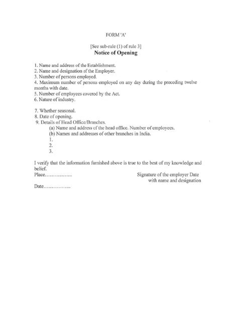 Form A Opening Of Establishment Intimation Pdf