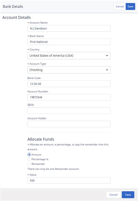 Editing Bank Account Details