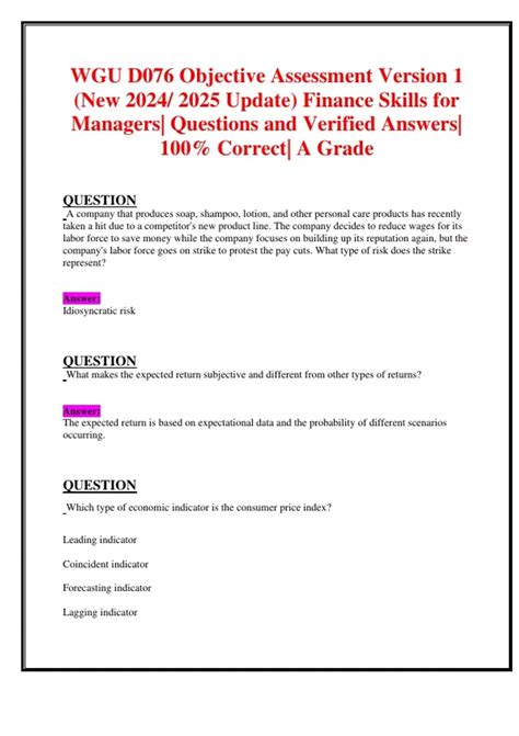 WGU D076 Objective Assessment Version 1 New 2024 2025 Update Finance Skills For Managers