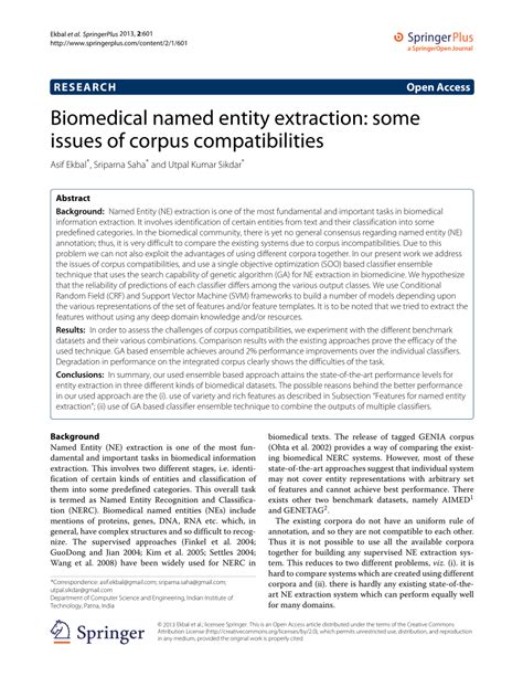Pdf Biomedical Named Entity Extraction Some Issues Of Corpus Compatibilities