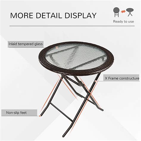 Outsunny Folding Round Tempered Glass Metal Table With Brown Rattan Edging