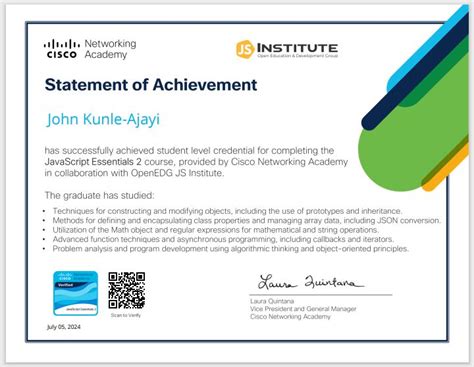 Javascript Cisco Webdevelopment Continuouslearning Techskills John Olukunle Ajayi Bsc