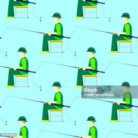 낚시 어 부 벡터 캐치 물고기 피셔 물 잡기와 스핀에 막대를 던졌다 남자 강 캐릭터 완벽 한 패턴 배경 그림 중 그물 끌어 강에 대한 스톡 벡터 아트 및 기타 이미지