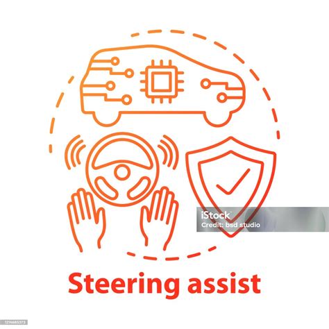 스티어링 어시스트 컨셉 아이콘 스마트 자동차 스티어링 지원 무인 차량 안전 운전 자동 조종 장치 아이디어 얇은 라인 그림 벡터