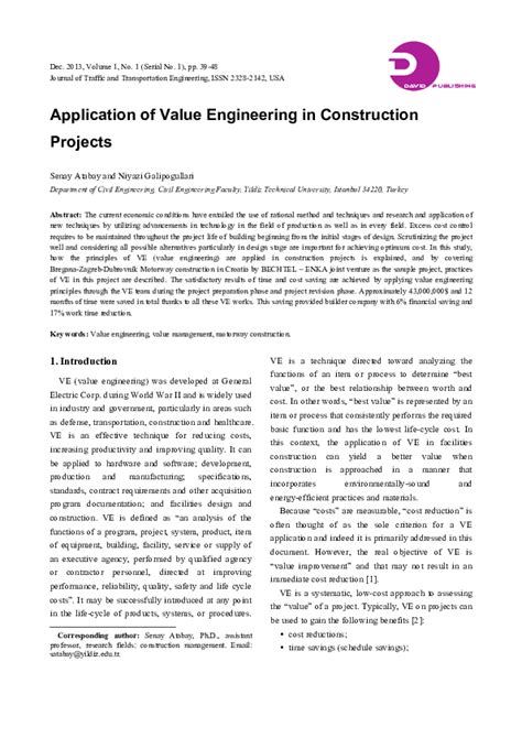 Pdf Application Of Value Engineering In Construction Projects