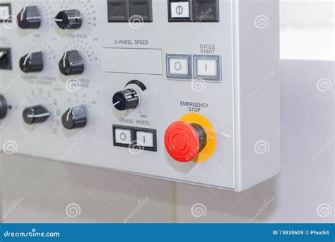 The Emergency Stop Button On The Control Panel Of The Cnc Stock Image