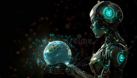 Beautiful Robot Woman Holding Earth In Hands Concept Of Artificial Intelligence And Global