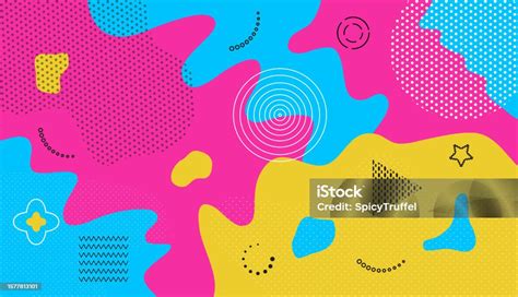 멋진 추상 놀이터 90년대 질감 재미있는 컬러 디지털 배경 힙스터 스케치 스타일 배경 점과 선 패턴 유기적인 모양 웹 배너 템플릿입니다 벡터 일러스트레이션 클립 아트 3차원