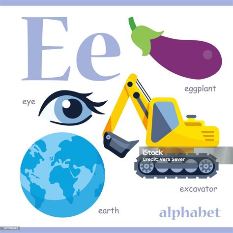 만화 어휘 삽화가 있는 알파벳 문자 E 눈 가지 굴삭기 지구 귀여운 아이들 Abc 알파벳 플래시 카드와 문자 E는 영어 어휘를 배우는 아이들을위한 것입니다 0명에 대한 스톡