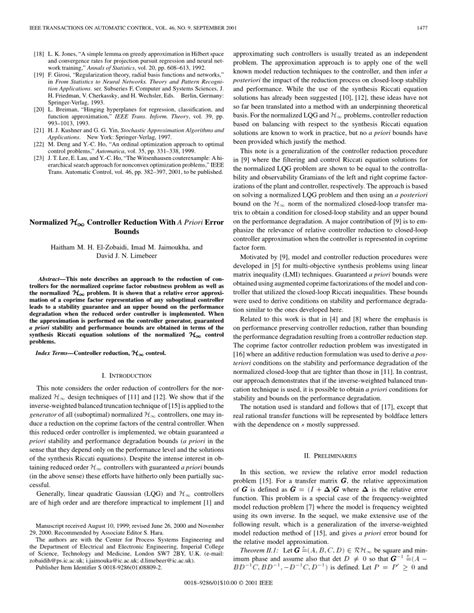 Pdf Normalized Hinfinity Controller Reduction With A Priori Error Bounds