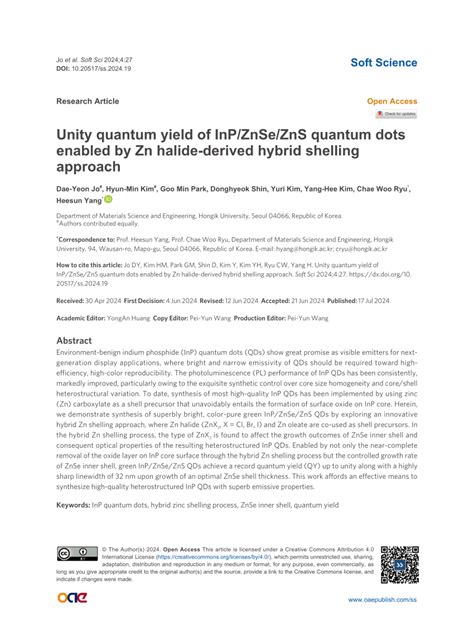 PDF Unity Quantum Yield Of InP ZnSe ZnS Quantum Dots Enabled By Zn