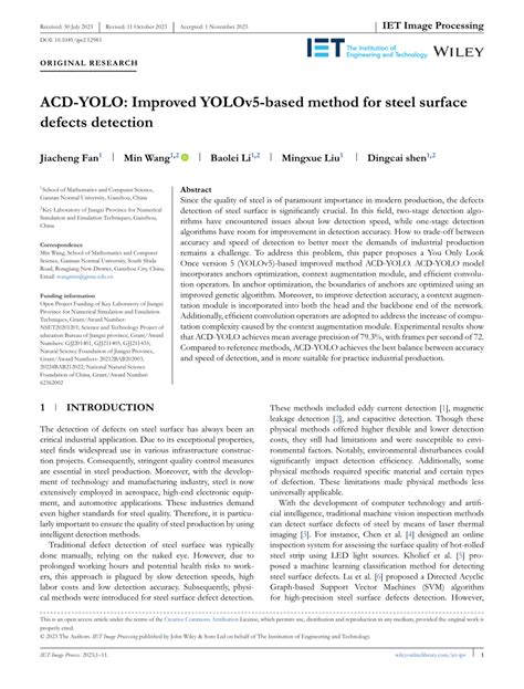 Pdf Acd‐yolo Improved Yolov5‐based Method For Steel Surface Defects