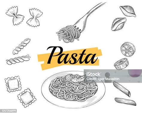 포크와 접시에 이탈리아 파스타를 설정합니다 파팔레 콘치글리 펜 푸실리 스파게티 흰색 배경에 고립 된 벡터 빈티지 블랙