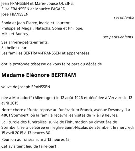 Avis De Décès De Eléonore Bertram Décédé Le 12042015 à Verviers