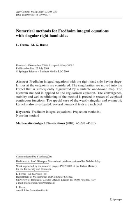 Pdf Numerical Methods For Fredholm Integral Equations With Singular Right Hand Sides