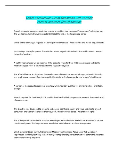 CRCR Certification Exam Questions With Verified Correct Answers 2023 Solution CRCR Stuvia US