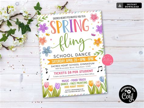 Editable Spring Fling School Dance Invitation Flyer Party Invitation