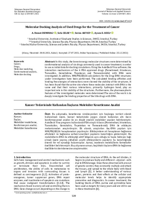 Pdf Molecular Docking Analysis Of Used Drugs For The Treatment Of Cancer