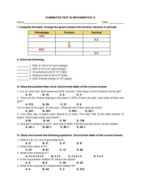 Summative Test In Mathematics Vi Pdf