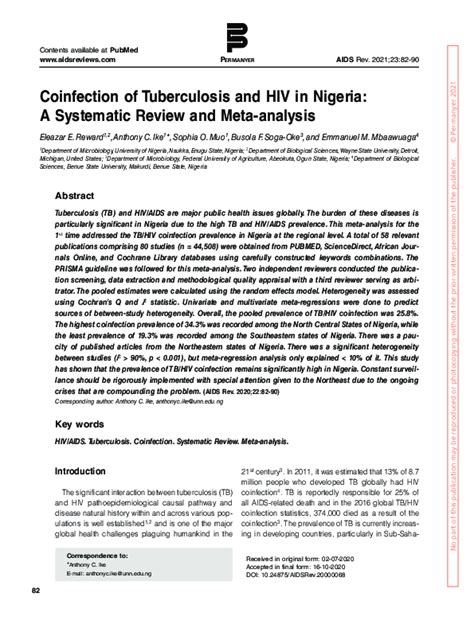 Pdf Coinfection Of Tuberculosis And Hiv In Nigeria A Systematic Review And Meta Analysis