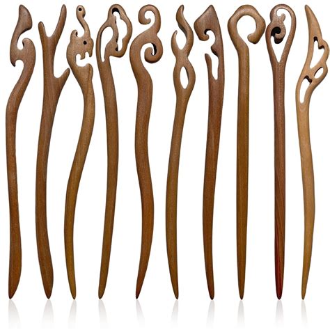 10 Pcs Chinese Wooden Hair Sticks For Women Vintage Handcarved Hair