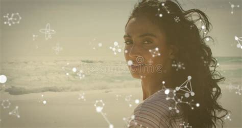 On Beach Woman With Molecular Structure Animation Overlaying Her View