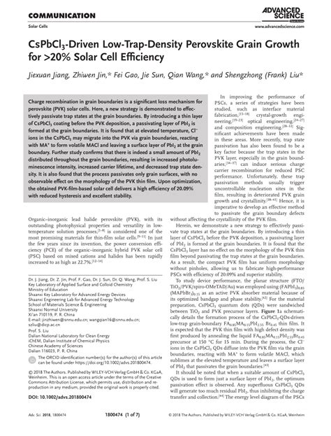 Pdf Cspbcl3‐driven Low‐trap‐density Perovskite Grain Growth For 20 Solar Cell Efficiency