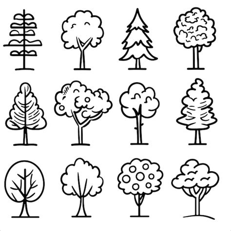 Tree Line Art Silhouette Black And White Vector Illustration Collection
