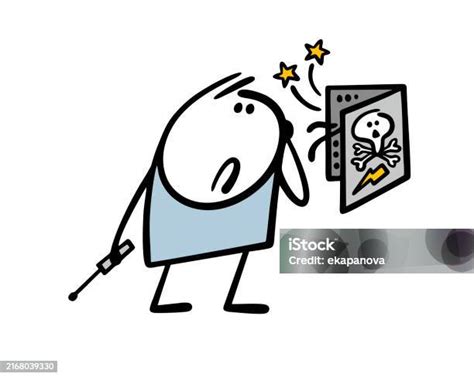 혼란스러워하는 스틱맨 전기 기술자가 상자를 열고 전기 패널을 수리했습니다 드라이버와 전선을 가진 남편의 벡터 그림 위험한 작업 두개골 및 뼈 나사돌리개에 대한 스톡 벡터