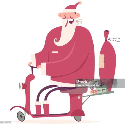 흰색 배경에 고립 된 빨간색 스쿠터 벡터 만화 그림에 산타 클로스 배달 산타 클로스에 대한 스톡 벡터 아트 및 기타 이미지