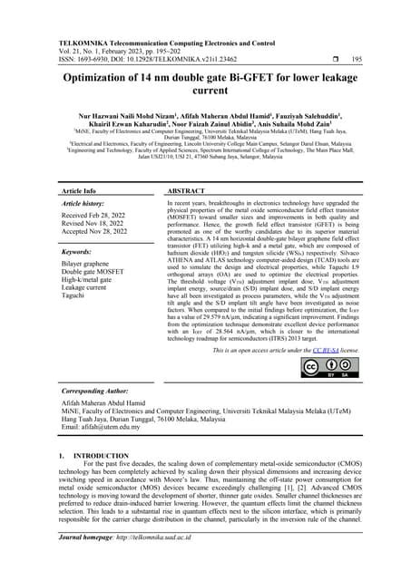 Optimization Of 14 Nm Double Gate Bi Gfet For Lower Leakage Current
