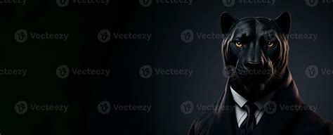 Portrait Of Humanoid Anthropomorphic Black Panther Wearing Businessman Suit In Black Background