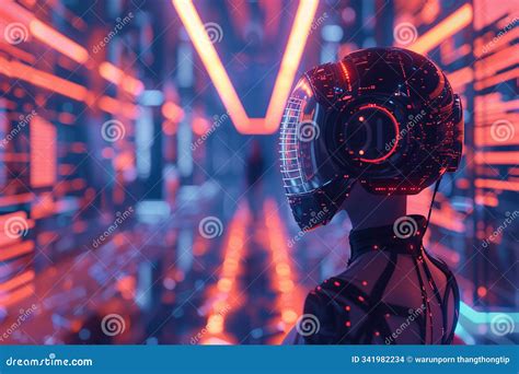 Futuristic Humanoid Robot Standing In Server Database Room Spiritual World Data Center Stock
