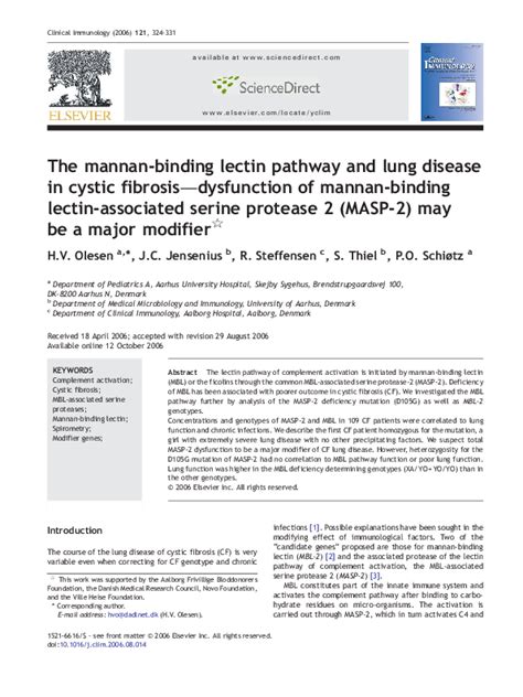 Pdf The Mannan Binding Lectin Pathway And Lung Disease In Cystic