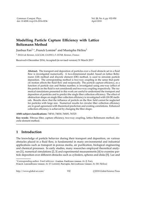 Global Science Press Modelling Particle Capture Efficiency With Lattice Boltzmann Method