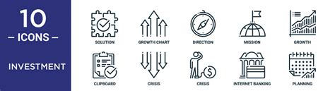 투자 개요 아이콘 세트에는 얇은 라인 솔루션 방향 성장 위기 인터넷 뱅킹 계획 보고서 프리젠 테이션 다이어그램 웹 디자인을위한 클립 보드 아이콘이 포함됩니다 0명에 대한