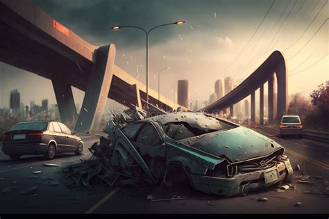 Car Accident Concept With Car Collision On City Highway Road Neural Network Generated Art Stock