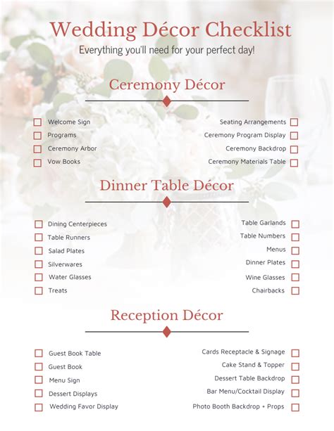 Free Printable Wedding Decor Checklist Printable Templates