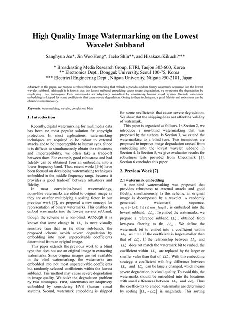 Pdf High Quality Image Watermarking On The Lowest Wavelet Subband