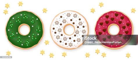 크리스마스 도넛 설정합니다 녹색 백색과 빨강 도넛 장식 달콤한 축제 퐁 당초콜릿 감 복숭아 사탕 설탕 별 전나무 나무 눈송이 마음 화이트에 고립 된 벡터입니다 크리스마스에