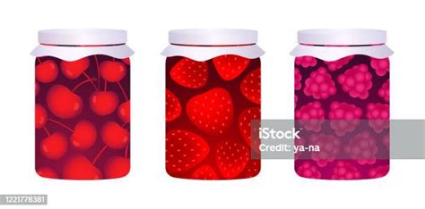 잼 항아리 체리 딸기 라즈베리 맛 베리 패턴 벡터 그림은 흰색으로 격리되어 있습니다 3 개 세트 0명에 대한 스톡 벡터 아트 및 기타 이미지 Istock