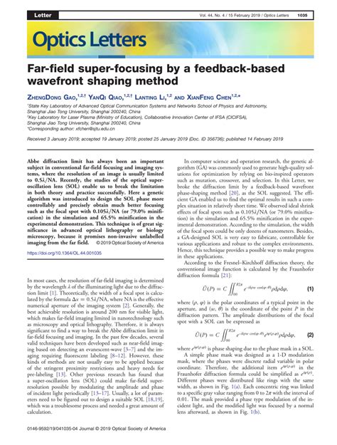 Pdf Far Field Super Focusing By A Feedback Based Wavefront Shaping Method