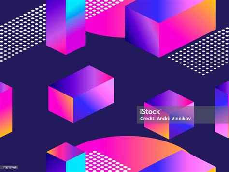 기하학적 모양으로 미래 지향적인 완벽 한 패턴입니다 보라색 톤 그라데이션 3d 등각 투영 모양입니다 Synthwave 레트로 배경입니다 벡터 일러스트 등측투영법에 대한 스톡