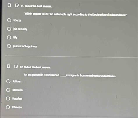 Solved Select The Best Answer Which Answer Is Not An Inalienable Right According To The